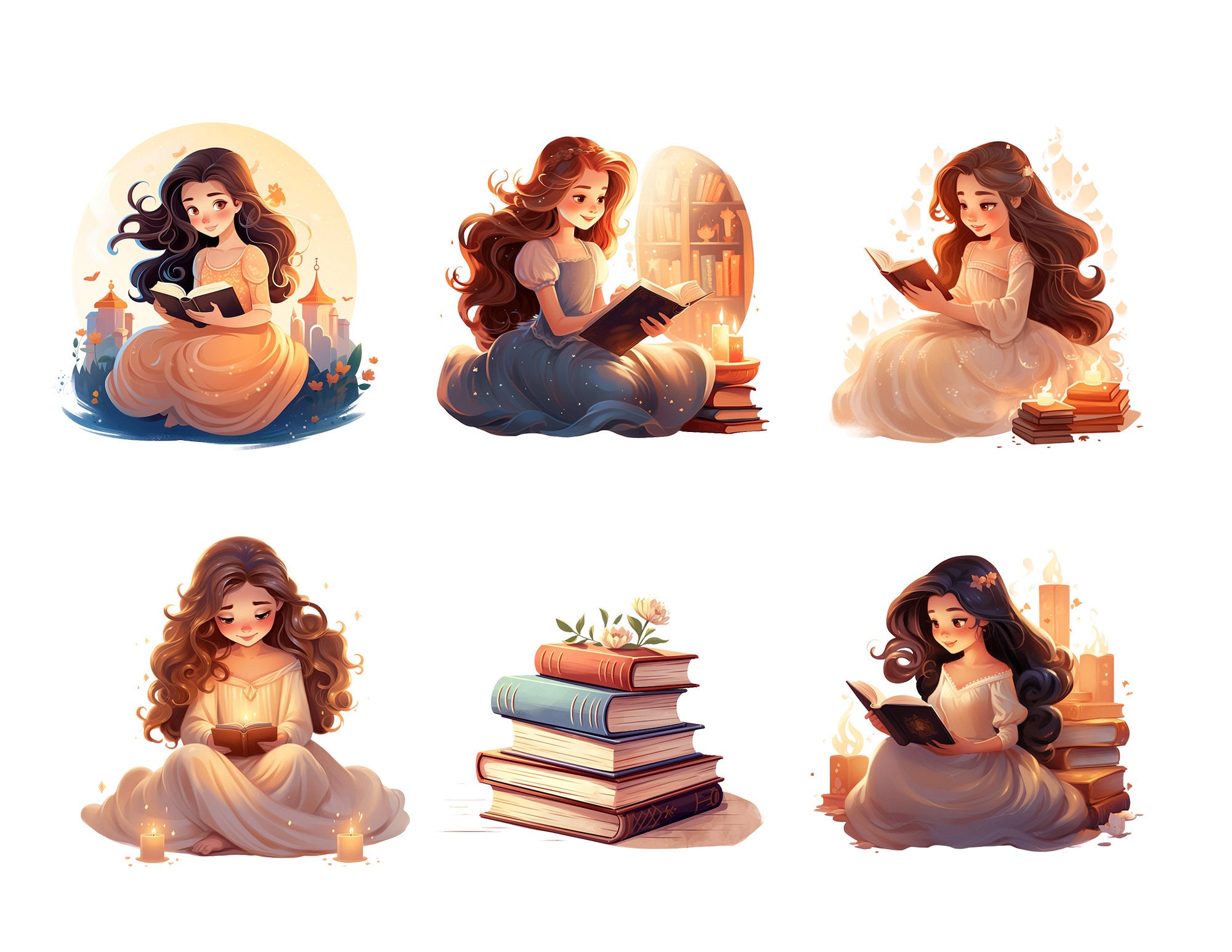 12 Princess Reading Clipart Bundle, Enchanted Princesses Reading Books ...