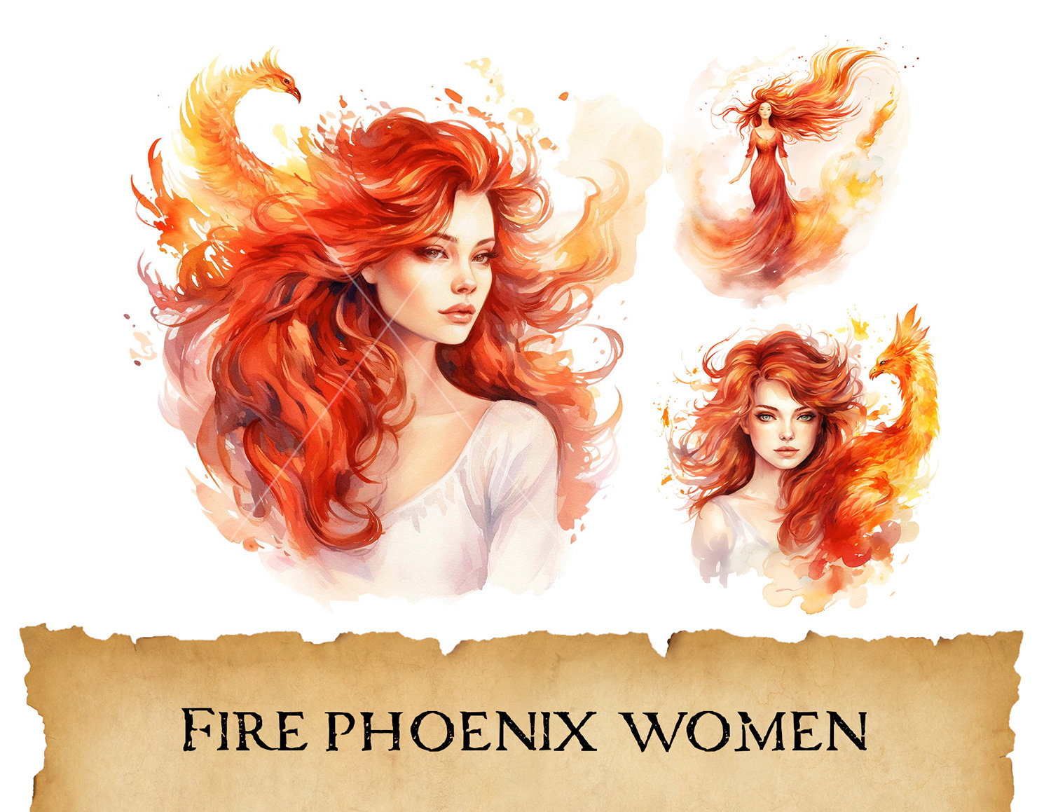 Watercolor Fire Phoenix Women Clipart, Mystical Animal Clipart Bundle ...