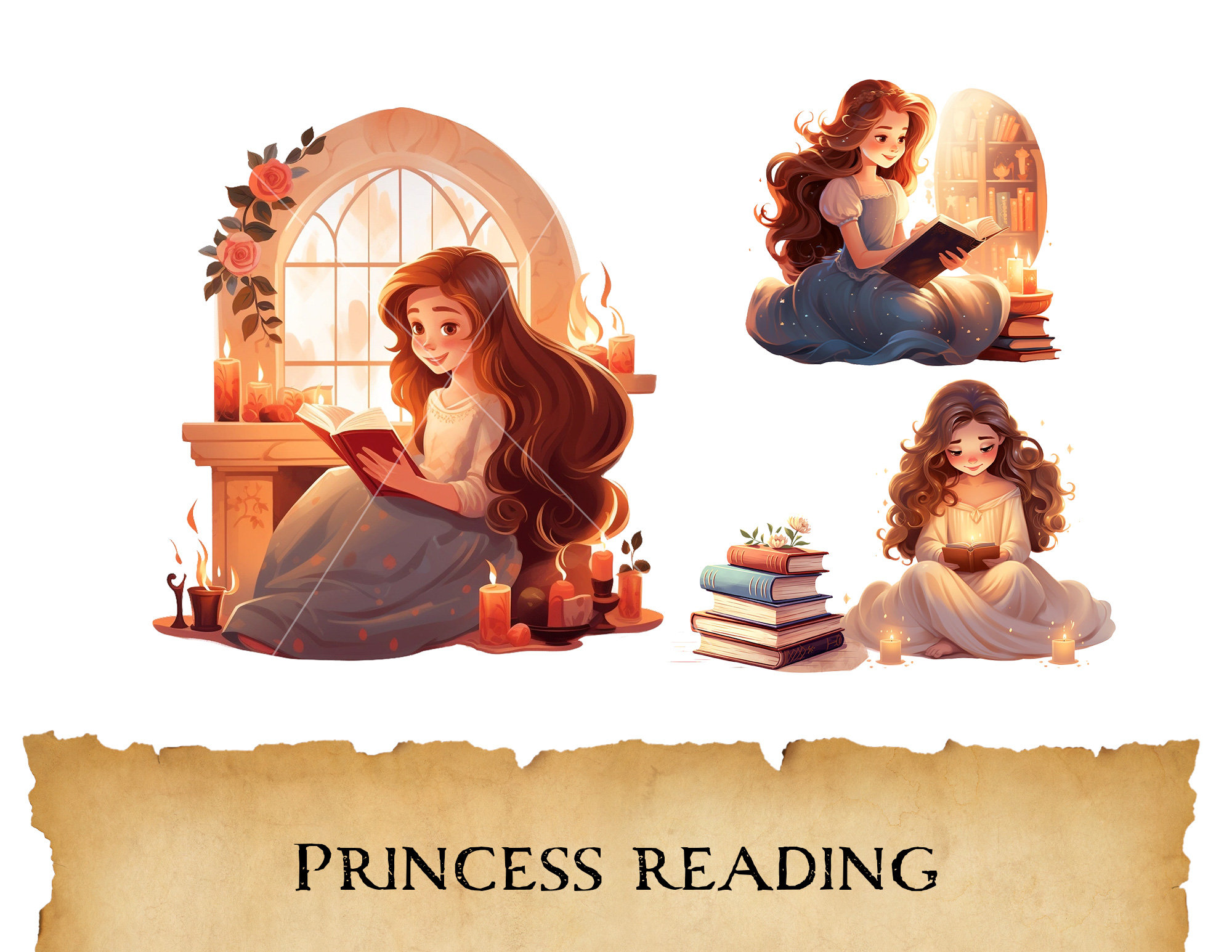 12 Princess Reading Clipart Bundle, Enchanted Princesses Reading Books ...