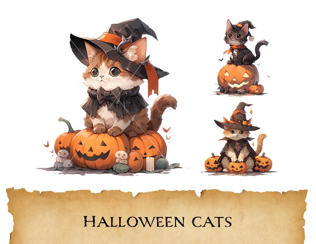 Watercolor Halloween Cats Clipart, Cute Witchy Cats Bundle, Spooky ...