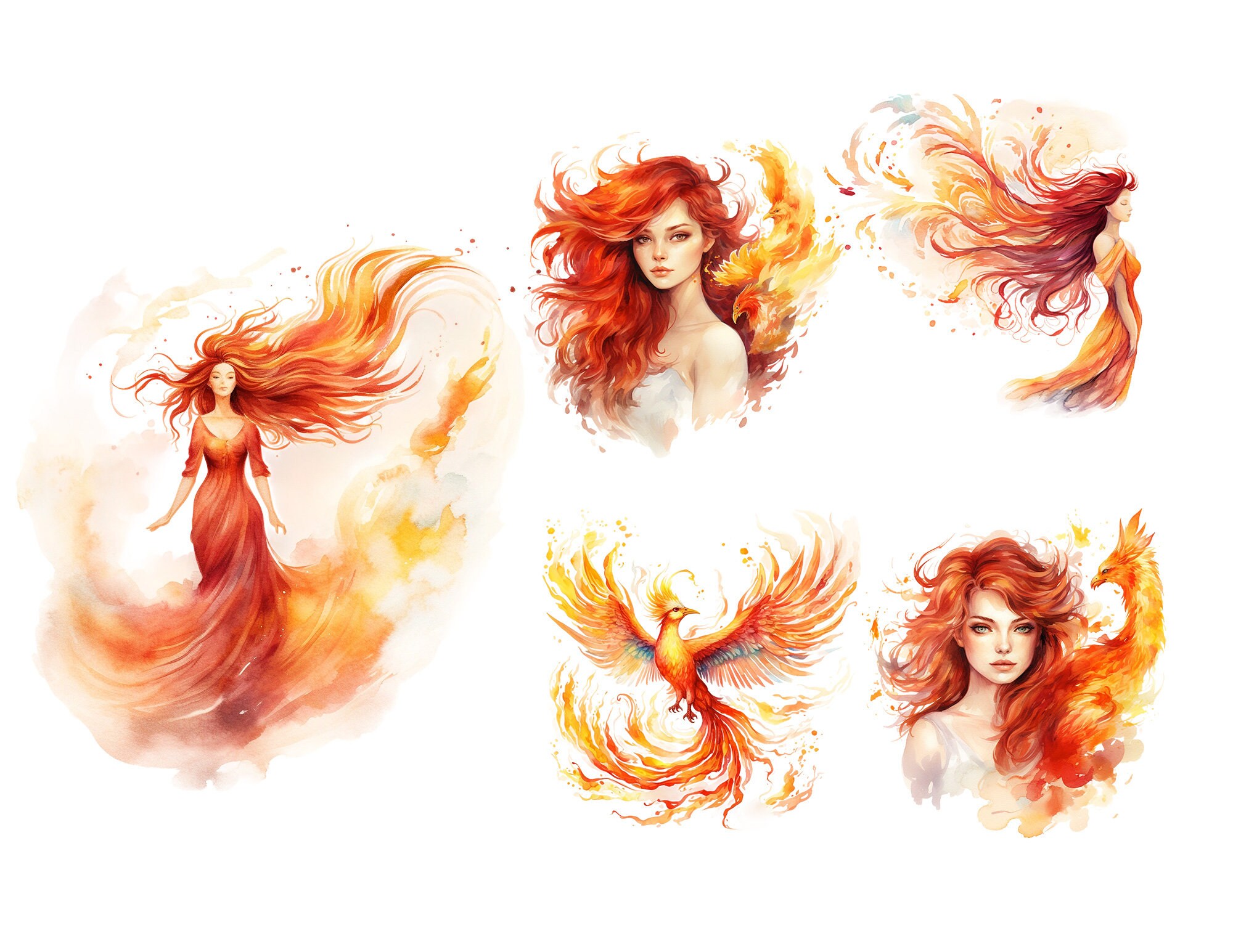 Watercolor Fire Phoenix Women Clipart, Mystical Animal Clipart Bundle ...