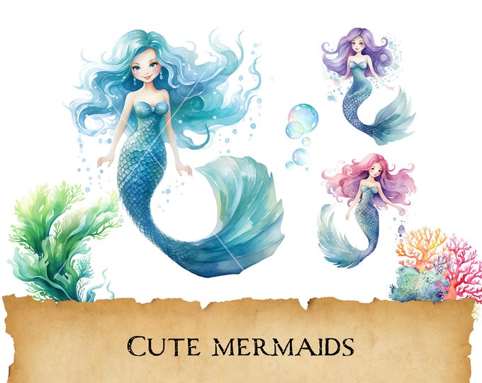 Mermaids 2. Watercolor Clipart, Sea, Girls, Magic, Fairytale, Wreath ...