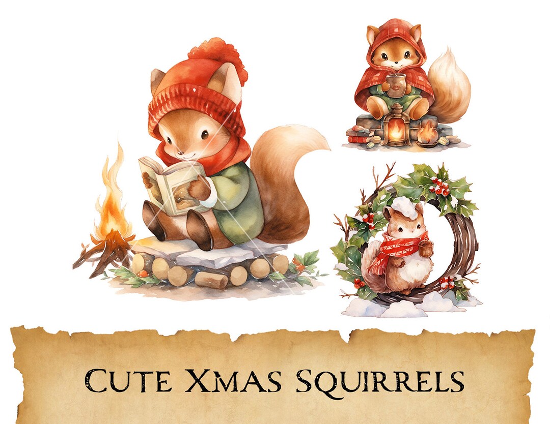 Watercolor Cute Christmas Squirrels Clipart, Fantasy Woodland Animal ...