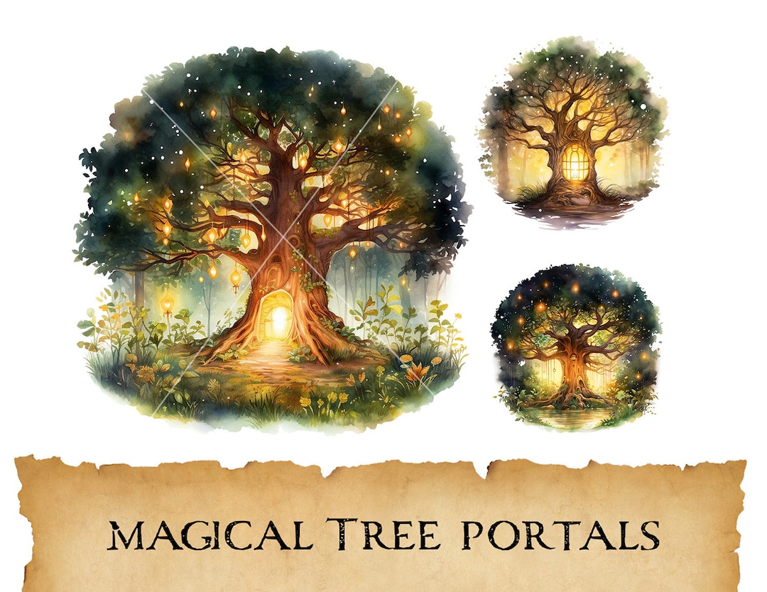 Watercolor Magical Tree Portal Clipart, Enchanted Forest Clipart Bundle ...