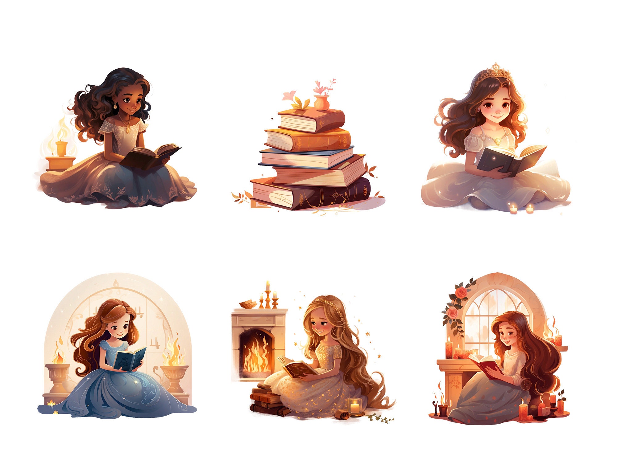 12 Princess Reading Clipart Bundle, Enchanted Princesses Reading Books ...