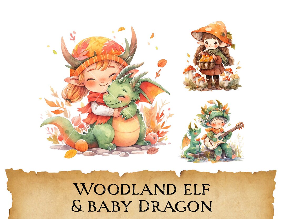 Watercolor Cute Woodland Elf and Baby Dragon Clipart, Fantasy Autumn ...