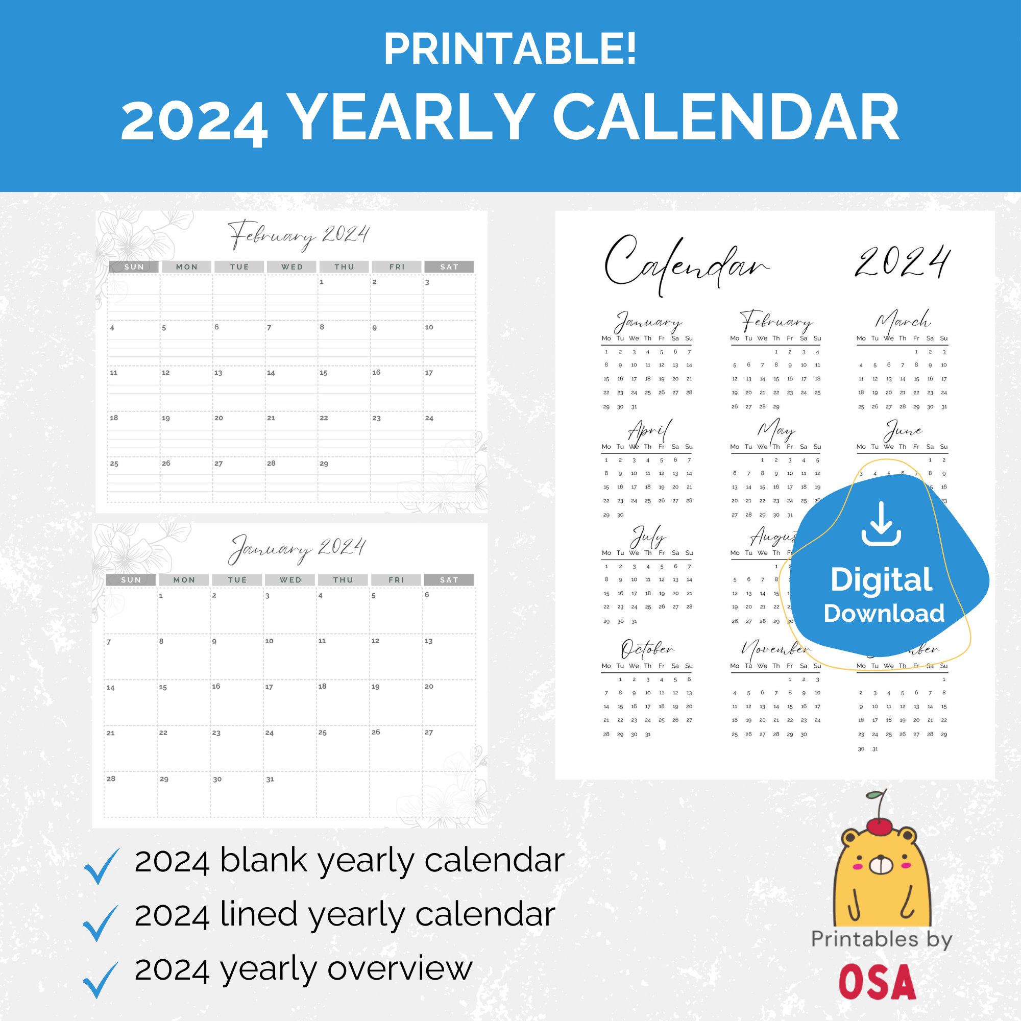 2024 Calendar Printable PDF, Horizontal Layout, A4, Letter Size ...