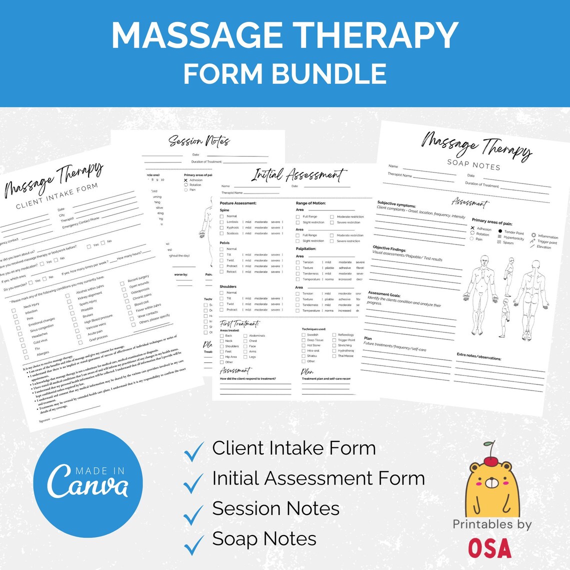 Massage Therapy Forms Bundle - SOAP Notes, Massage Consent, Massage ...
