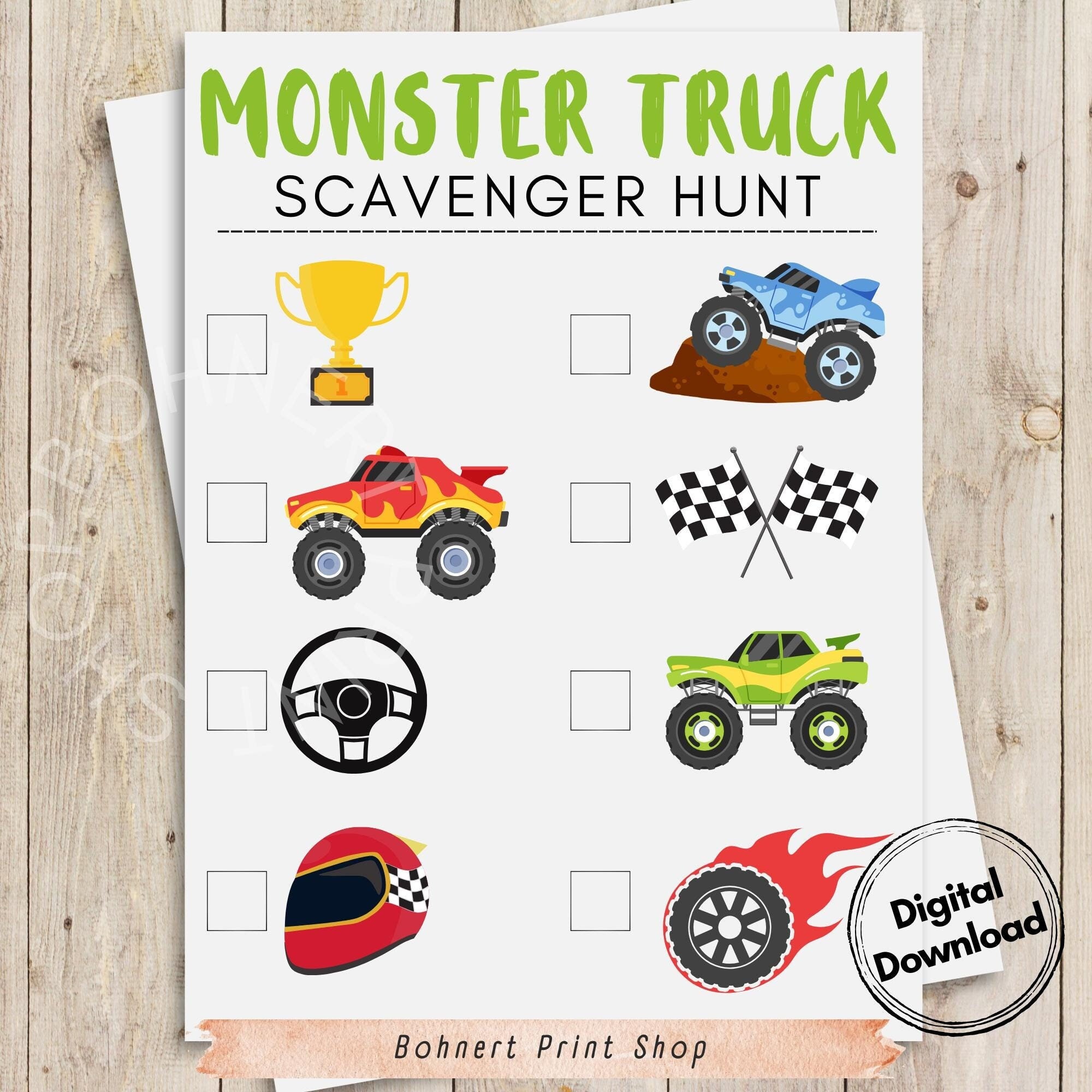 Monster Truck Scavenger Hunt - Interactive Party Game for Kids, Indoor ...