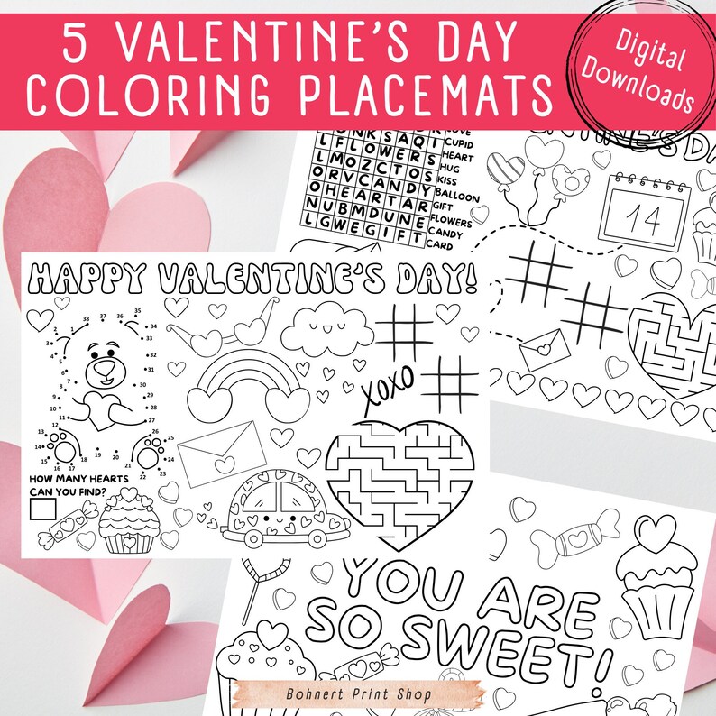 Printable Valentine's Day Placemats Set of 5 Kids Valentine's Day ...