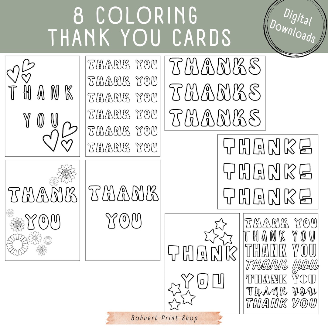 Printable Coloring Thank You Cards | Set of 8 DIY Cards | Kids Coloring ...