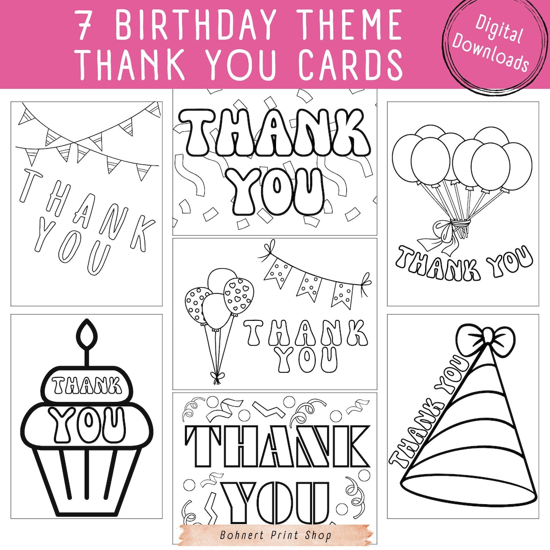Birthday Theme Kid Coloring Printable Thank You Cards | Set of 7 Kid ...