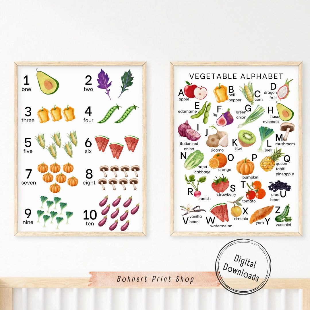 Fruit & Vegetable Educational Posters, Alphabet and Counting Print ...