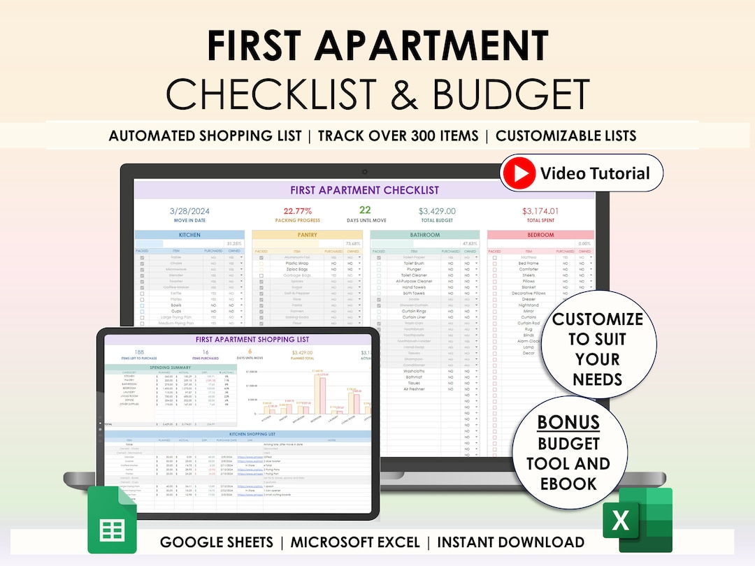 First Apartment Checklist Google Sheets Excel Moving Checklist Moving ...