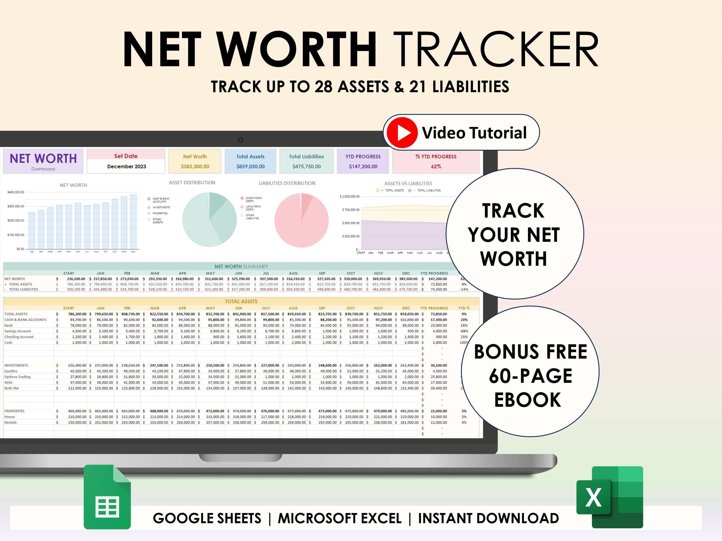 Net Worth Tracker Google Sheets Excel Spreadsheet Net Worth Calculator ...