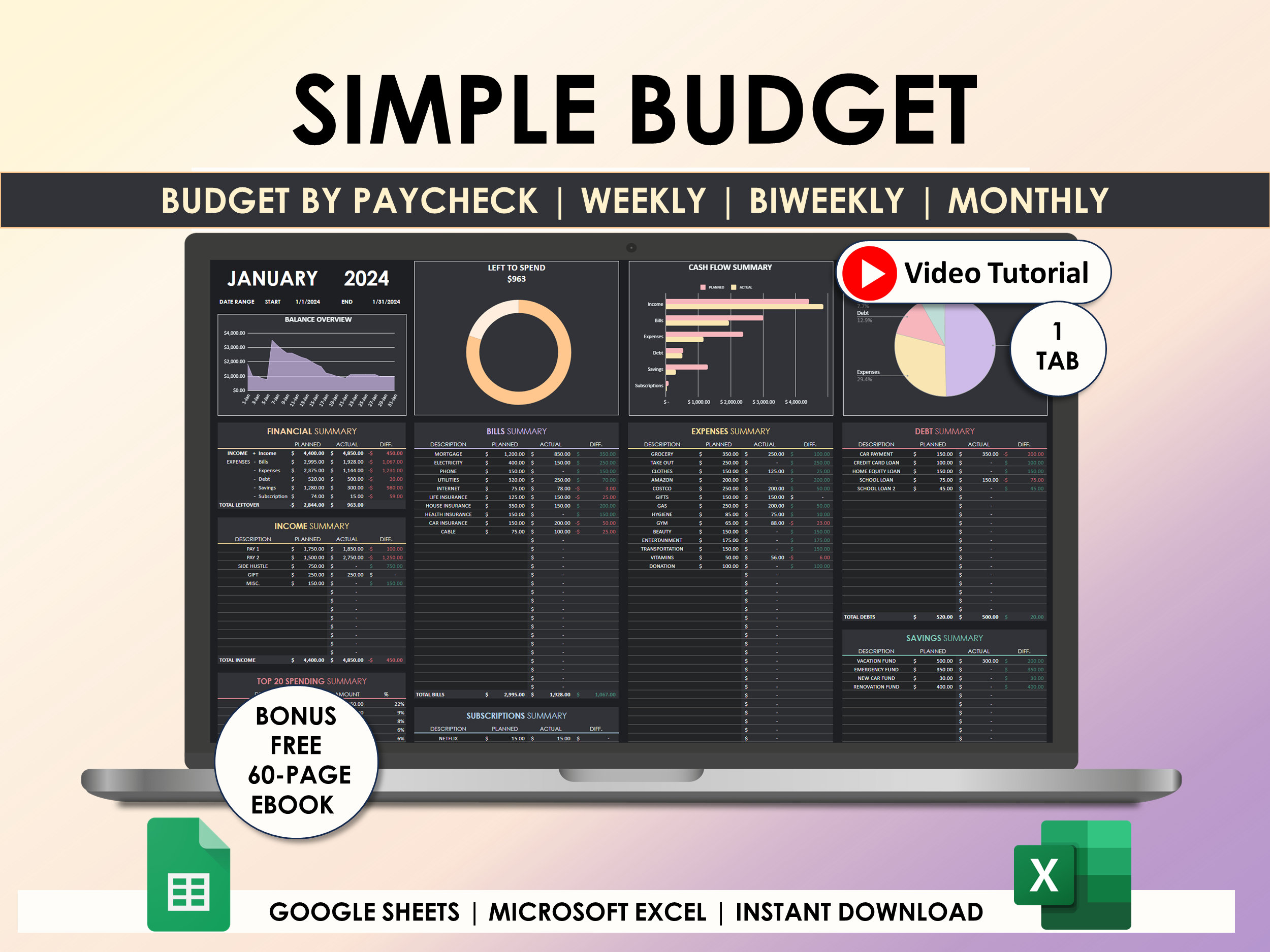 Budget Planner for Google Sheets and Excel Monthly Budget Spreadsheet ...