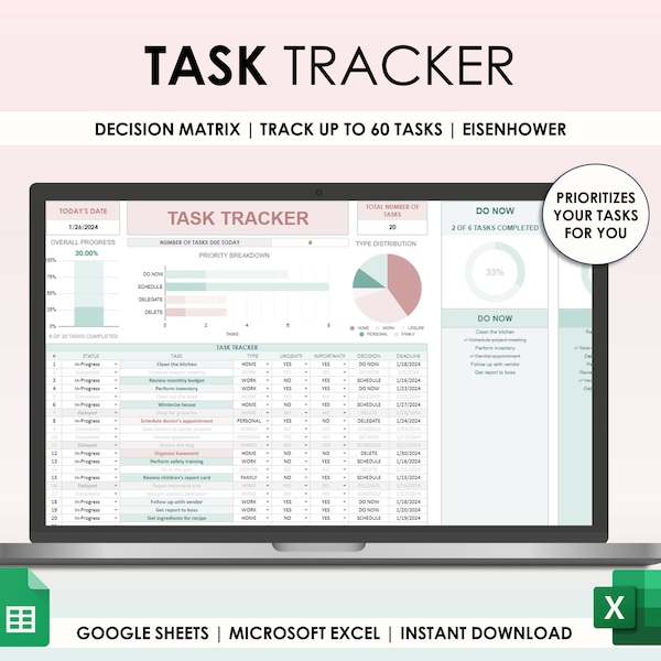 Excel Task Priority Tracker, to Do List Template, Task Tracker Excel, Eisenhower Matrix, Task ...