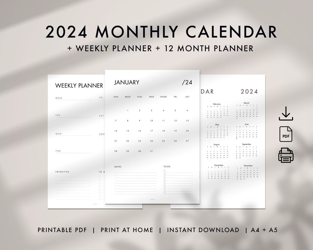 2024 Monthly Planner Minimalist Portrait, 2024 Minimal Black and White ...