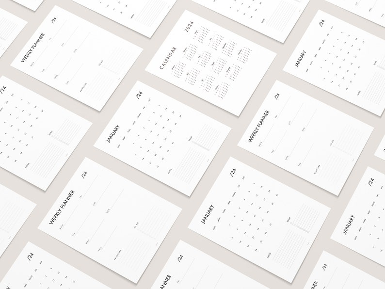 2024 Monthly Planner Minimalist Portrait, 2024 Minimal Black and White ...