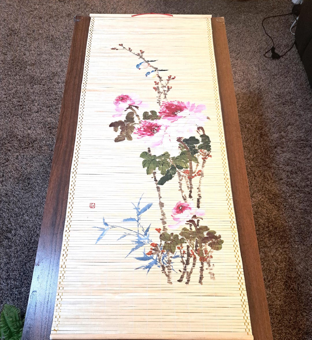 Vintage Chinese Bamboo Scroll Flowers and Blue Birds Motif | Hand ...