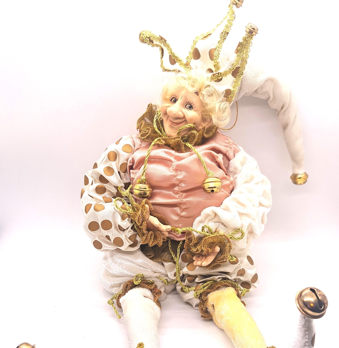 Vintage Elfin Jester Doll: 16" Poseable Hand-painted Satin Jingle Doll ...