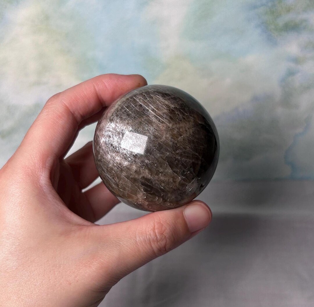 RARE Black Moonstone Sphere Crystal Ball With Flash, Home Decor Healing ...