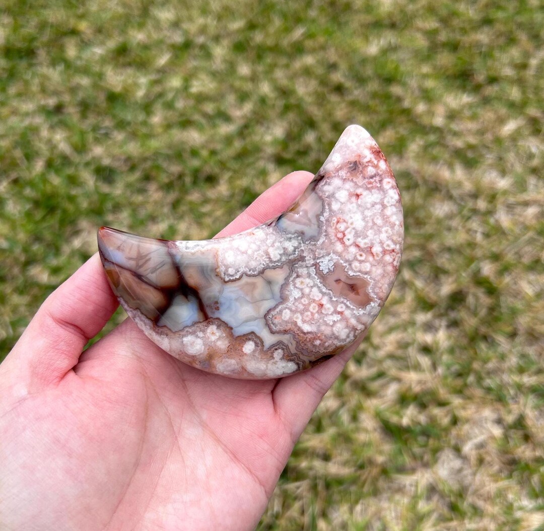 RARE Blue and Pink Mix Flower Agate Moon Crystal Carving, Crystal Moon ...