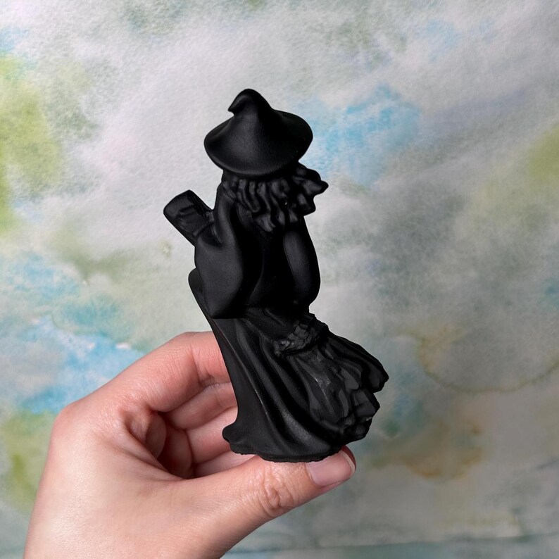 Black Obsidian Witch With Broom Statue, Halloween Style Crystal Carving ...