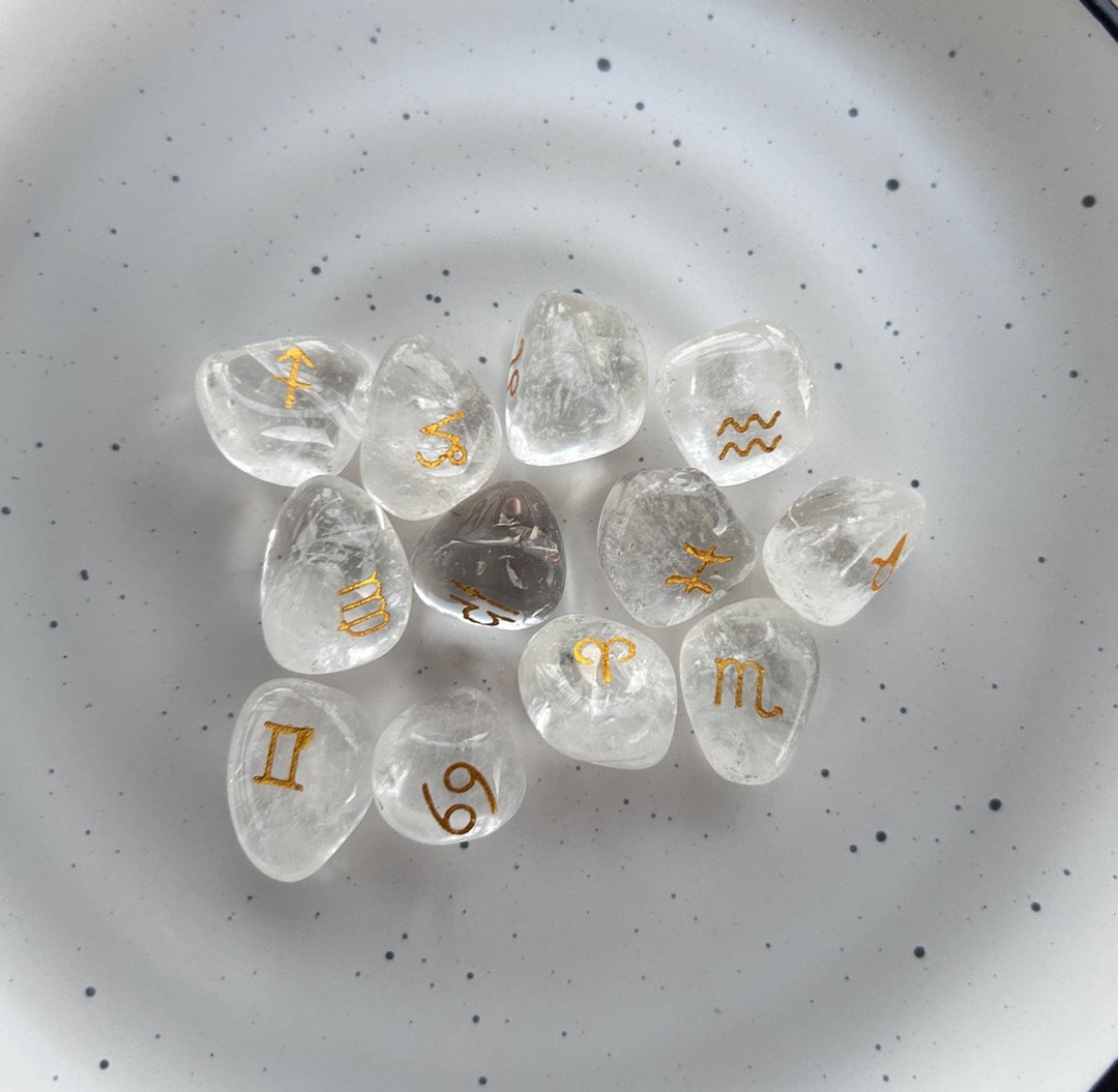 Zodiac Horoscope Symbol Clear Quartz Crystal Rune Set, for Beginners ...