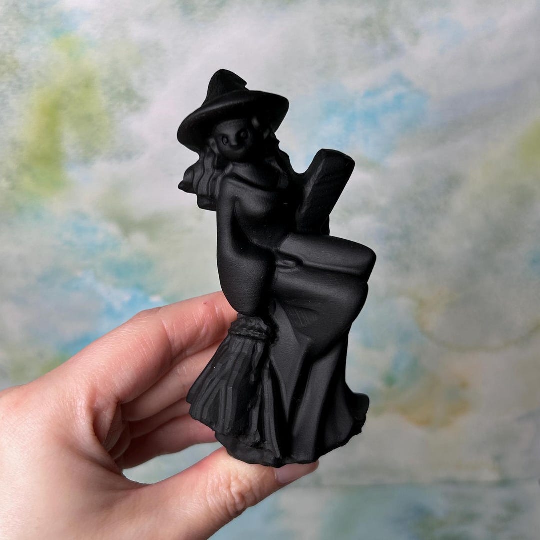 Black Obsidian Witch With Broom Statue, Halloween Style Crystal Carving ...