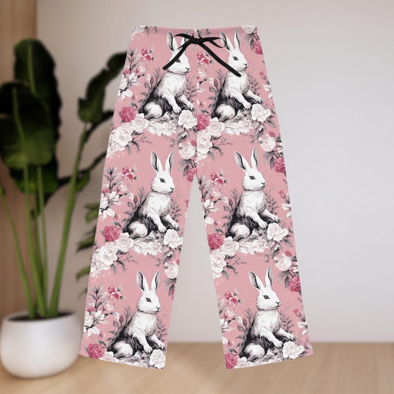 Women's Coquette Bunny Pajama Pants, Floral Lounge Pants, Rabbit Print ...