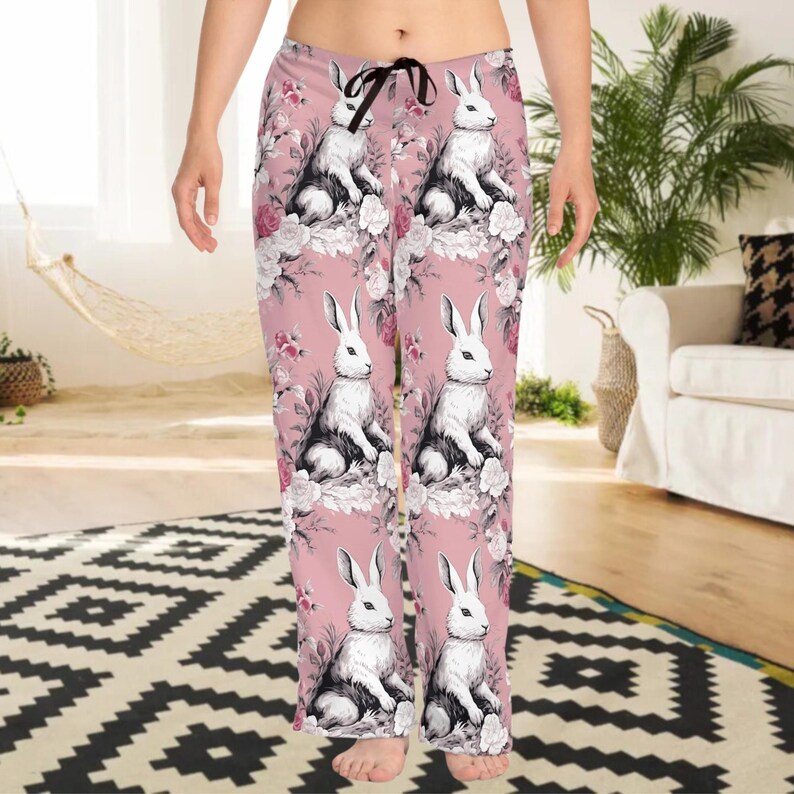Women's Coquette Bunny Pajama Pants, Floral Lounge Pants, Rabbit Print ...