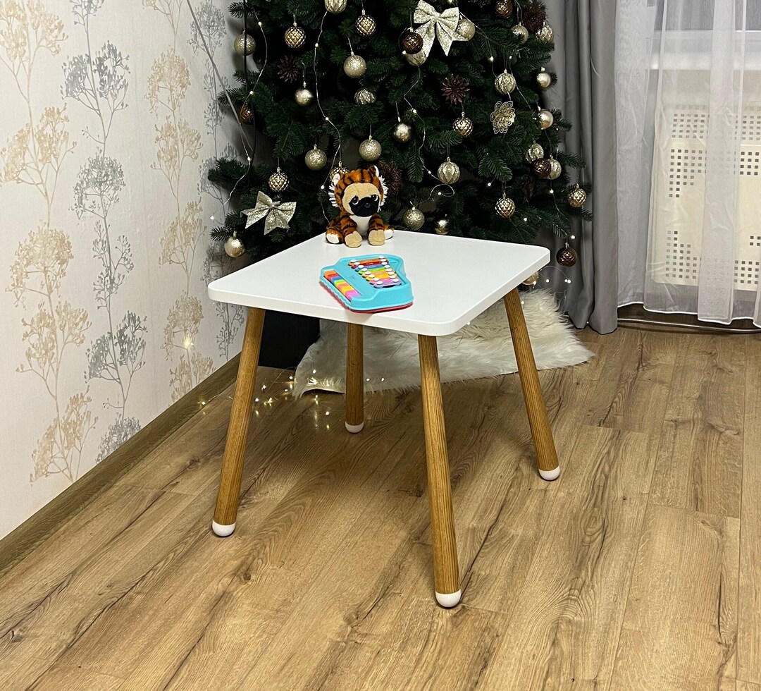 Wooden Kids Square White Table, Gift for Children, Kids Art Natural ...