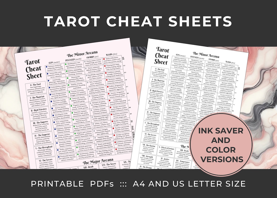 Tarot Cheat Sheet Printable PDF With Keywords - Ink Saver and Color ...