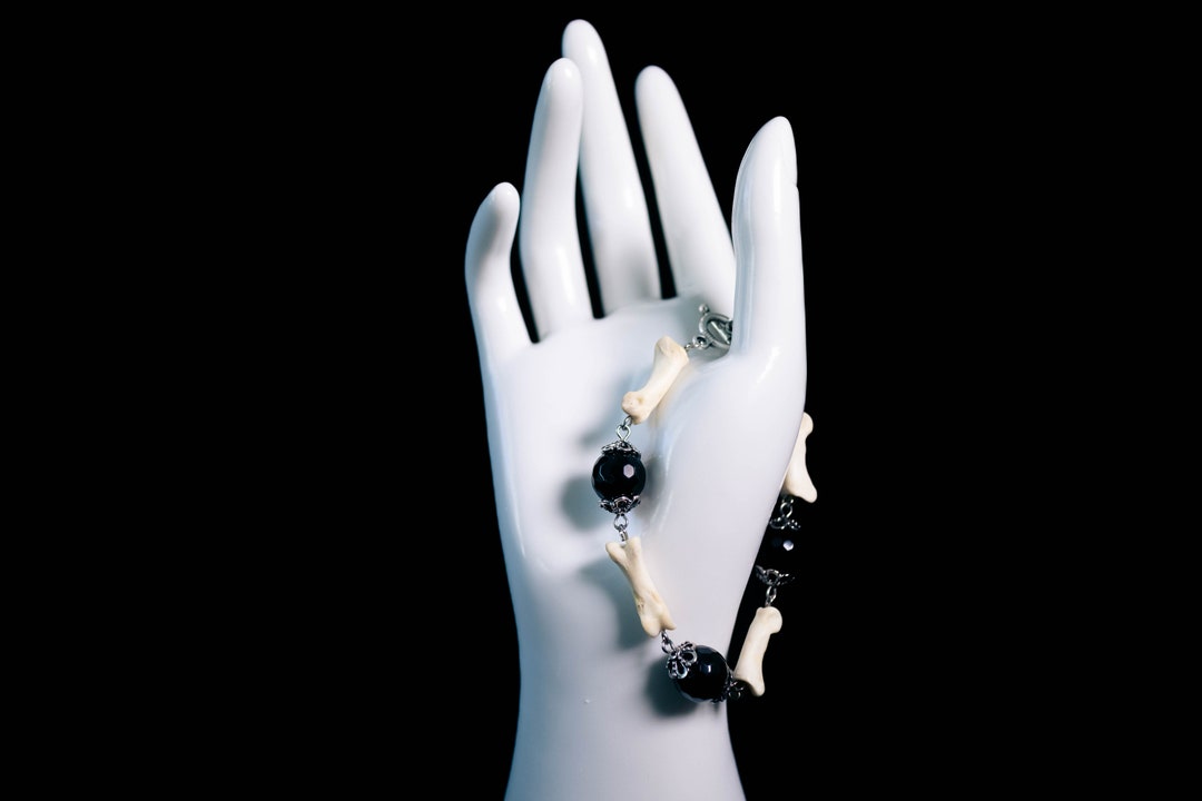 ATHENA Gothic Witchy Real Gemstone Onyx Beaded Bracelet With Metal Bead ...