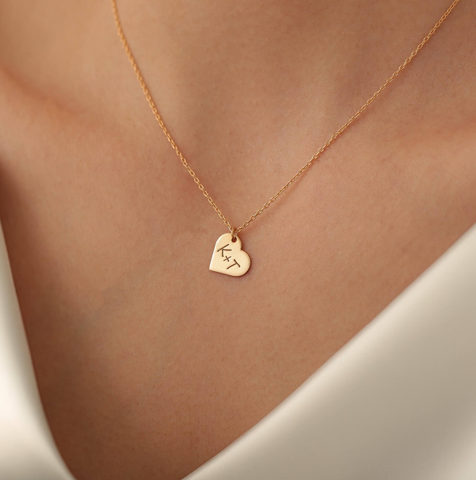 Engraved Heart Necklace, Heart and Letter Necklace, Minimalist Necklace ...