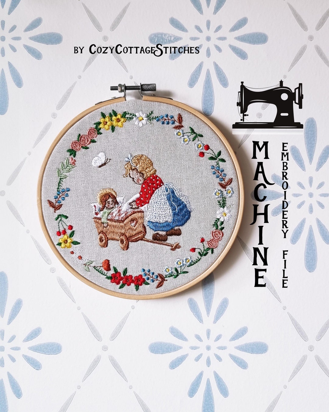 Girl and Her Dolly - Embroidery File - Summer Wreath Tiny Flowers ...