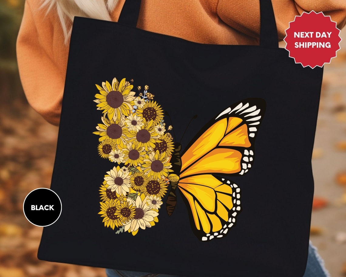 Butterfly Sunflower Tote Bag, Spring Tote Bag, Gift for Her, Floral ...