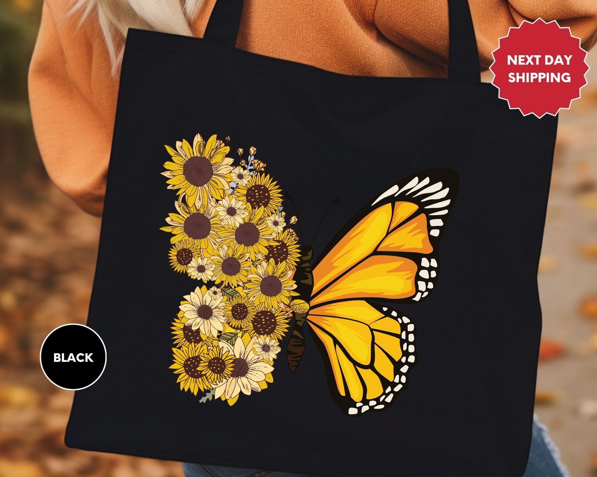 Butterfly Sunflower Tote Bag, Spring Tote Bag, Gift for Her, Floral ...
