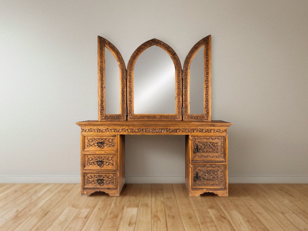 Hand Carved Makeup Table Set Wooden Carved Vanity Table Table With 2 ...