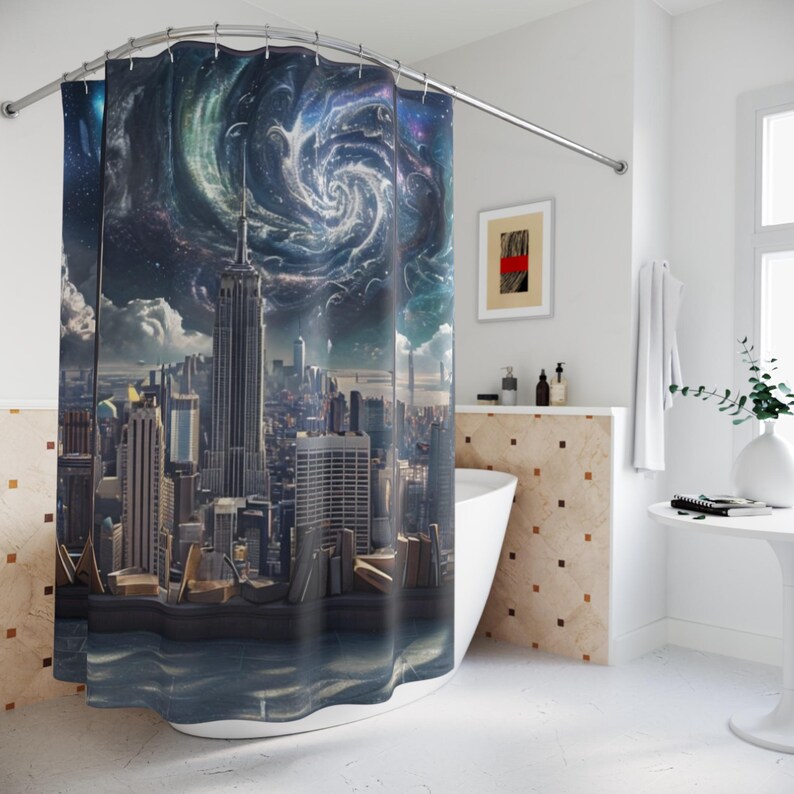 New York City Futuristic Window View Shower Curtain | Modern Bathroom ...