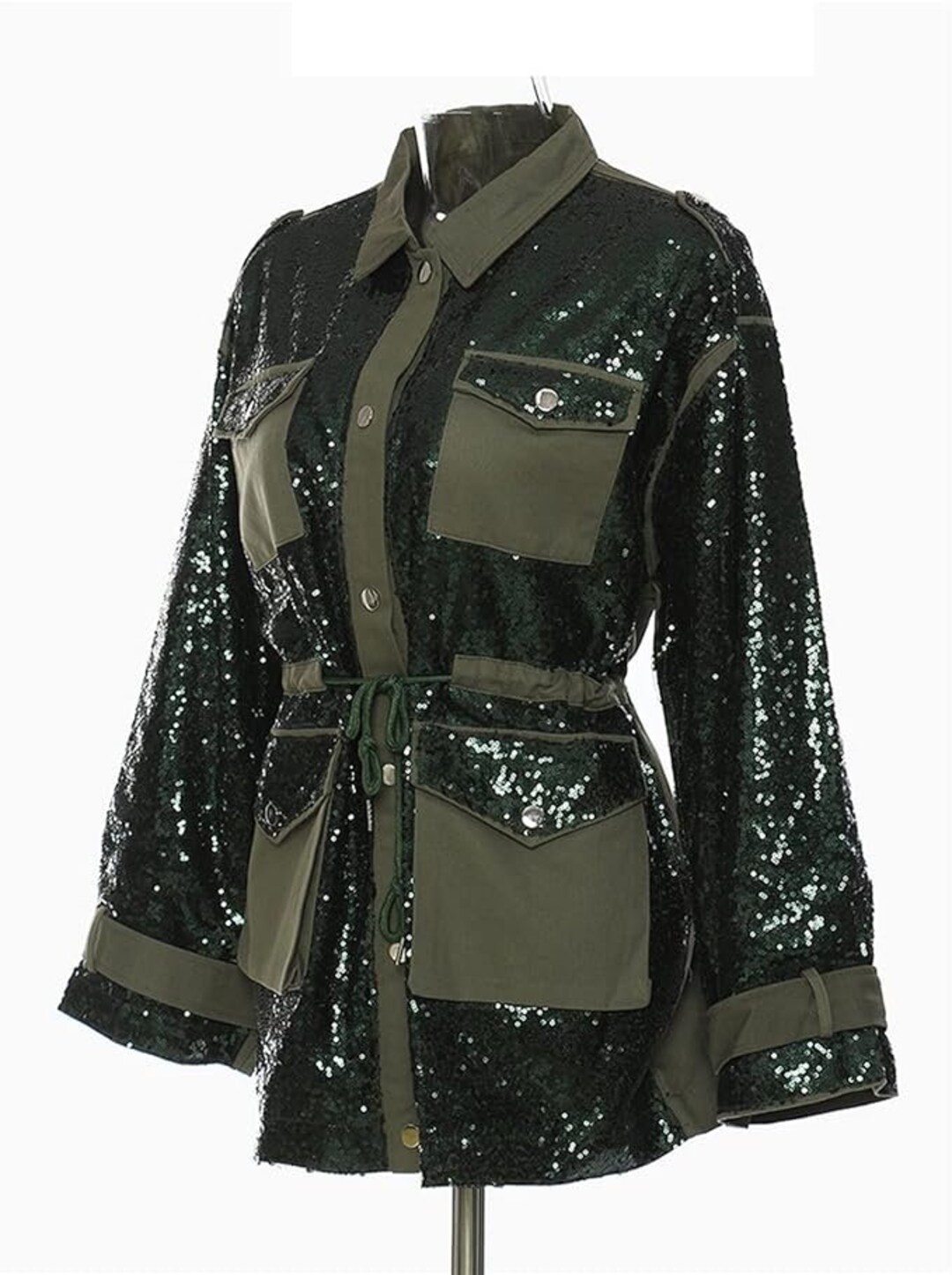 Green Sequin Jacket Army Coat With Pockets Long Sleeve - Etsy