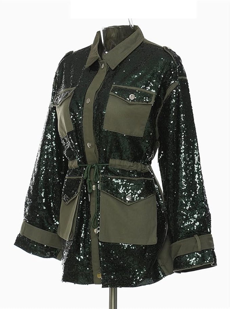 Green Sequin Jacket Army Coat With Pockets Long Sleeve - Etsy