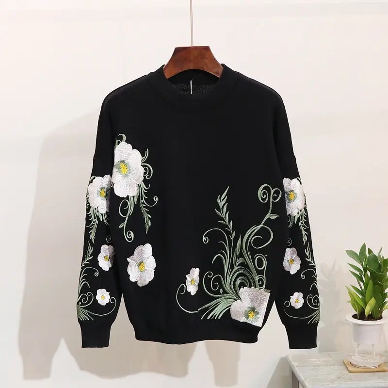 Flower Embroidery Knitted Sweaters Top and Pant Ladies Sweater Suits ...