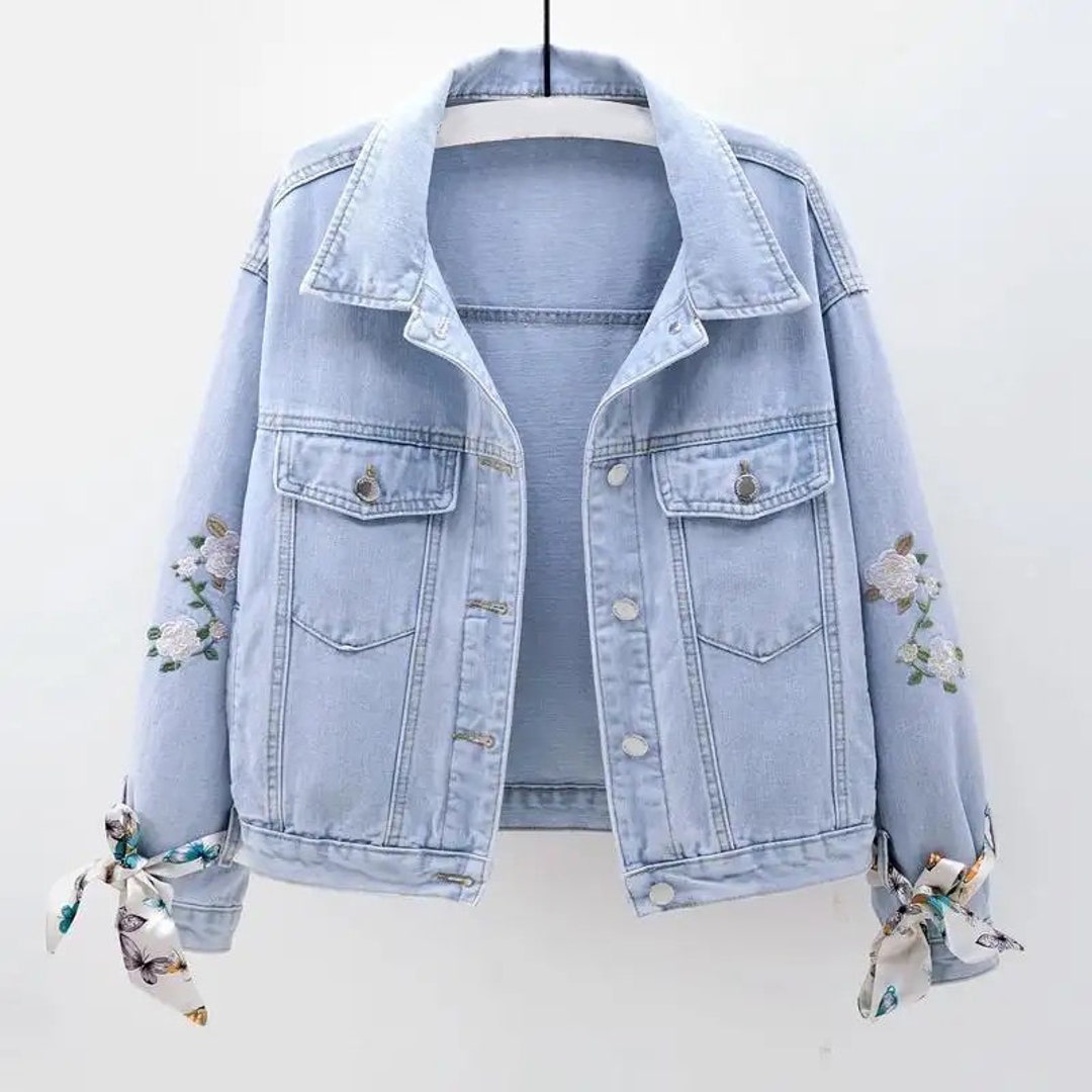 Denim Summer Jacket With Embroidery Fittet Denim Blue Embellished Long ...