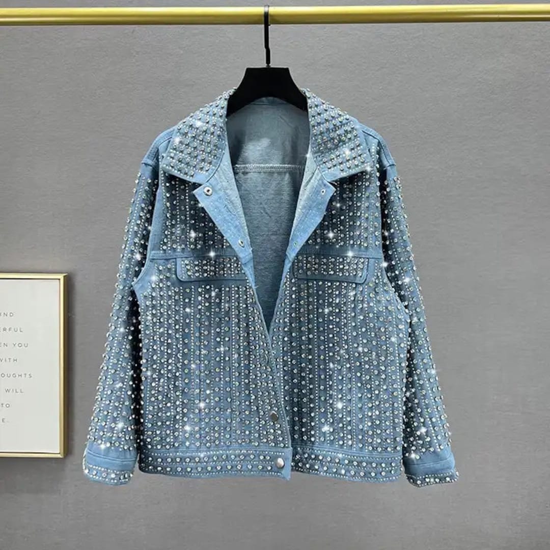 Women Rhinestone Oversized Denim Blue Embellished Long Sleeve Jeans Jacket - Etsy