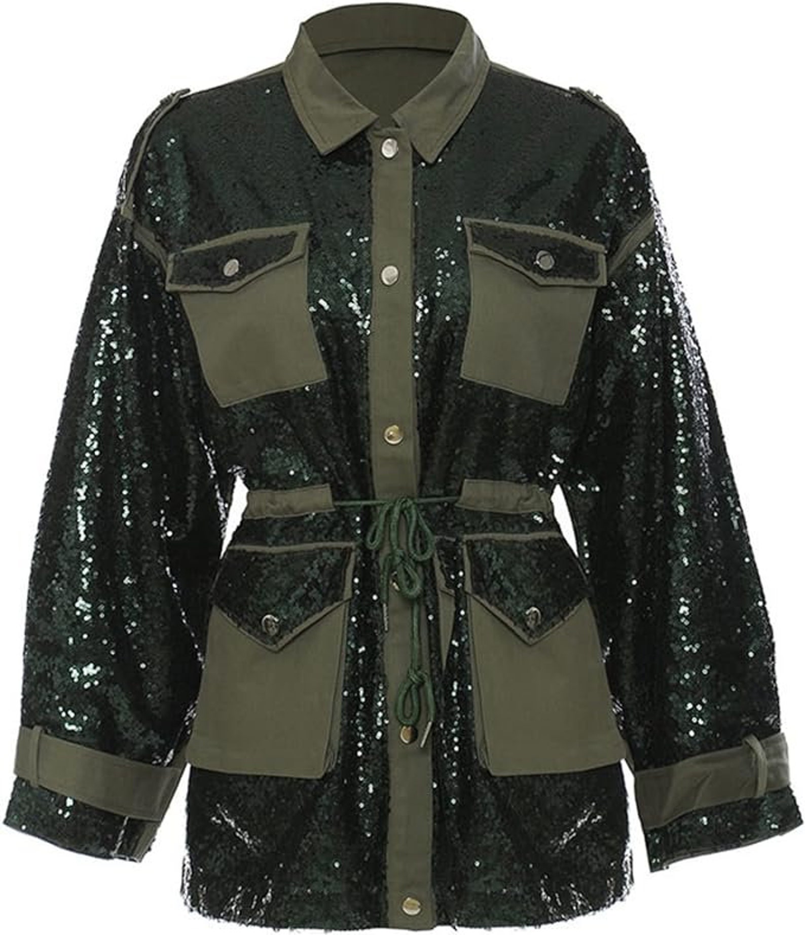 Green Sequin Jacket Army Coat With Pockets Long Sleeve - Etsy