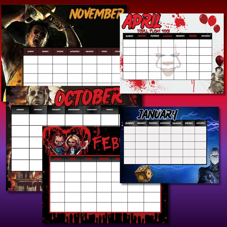 EDITABLE Printable Horror Movie Calendar, Printable Fillable Monthly ...