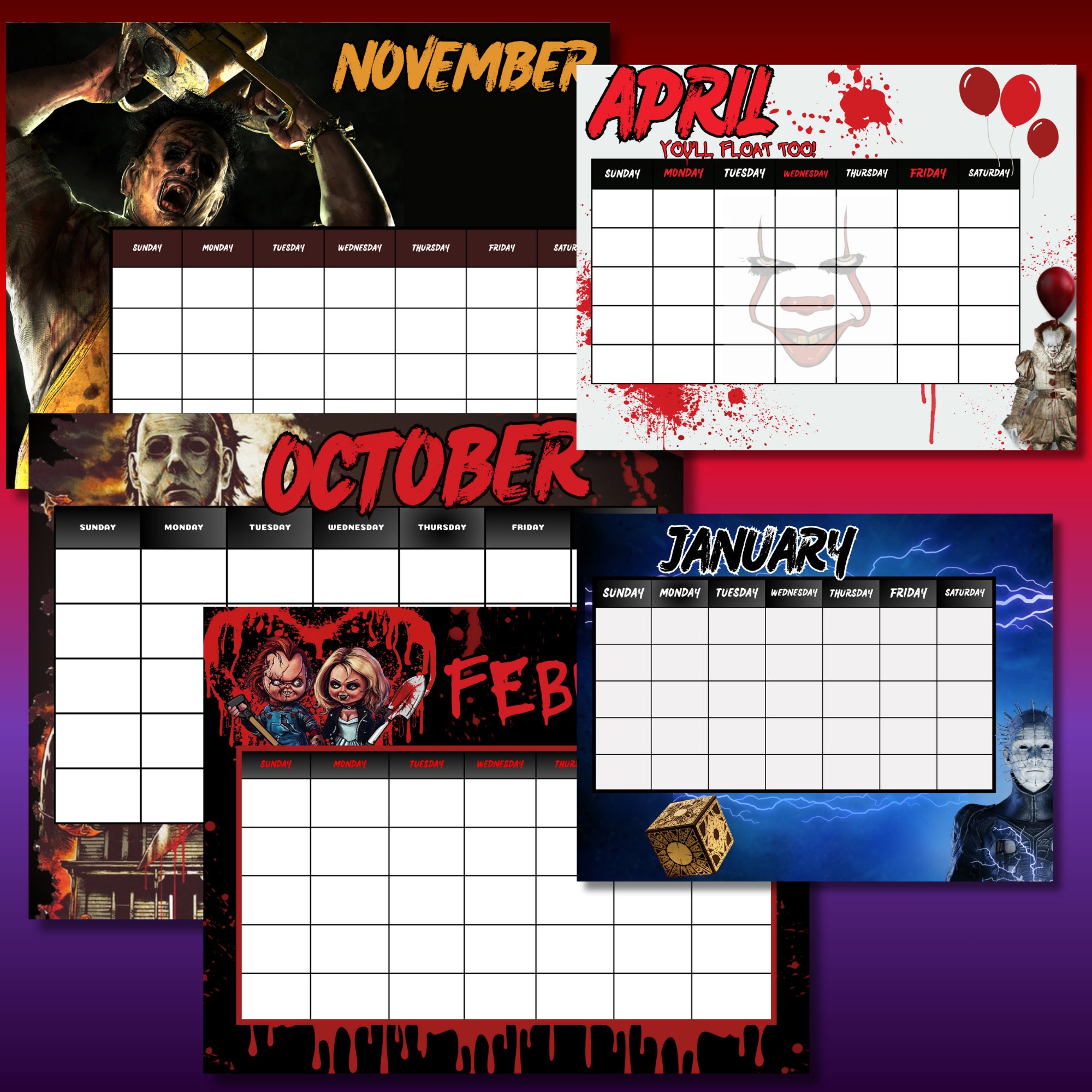 EDITABLE Printable Horror Movie Calendar, Printable Fillable Monthly ...