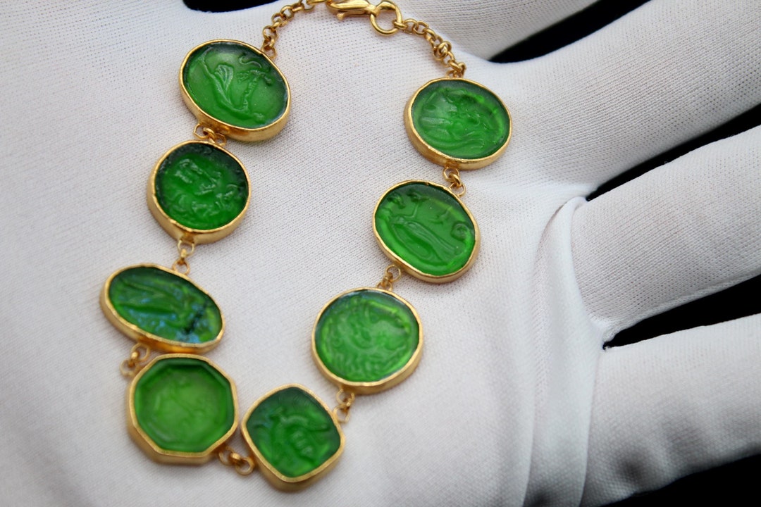 Green Glass Intaglio Silver Bracelet: Handmade Jewelry, Christmas Gift ...